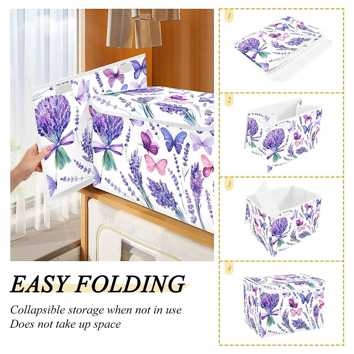MFTJYO Storage Bin with Lid Purple Lavender Butterfly Foldable Storage Box Washable Fabric Storage Cubes Bin Organizer Basket Closet for Home Bedroom Closet Nursery Office