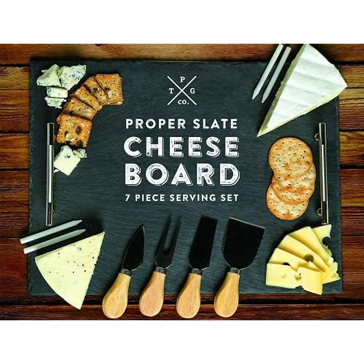 Slate Cheese Board - 7 pc Serving Tray Set 16"x12" Large - Stainless Steel Handles - Soapstone Chalk - 4 Cheese Knives - Foam Protective Feet by Proper Goods