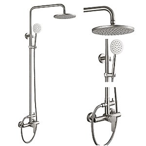Airuida SUS304 Outdoor Shower Fixture Brushed Nickel Exposed Shower Faucet Combo Set Single Handle 8 Inch Thicken Rainfall Showerhead With Handheld Spray Wall Mount Dual Functions