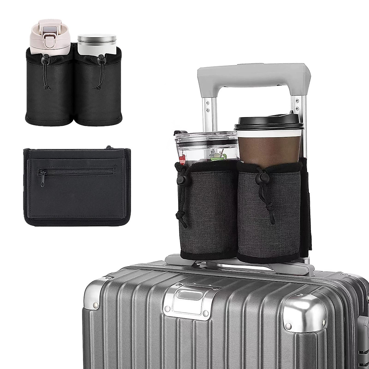 Luggage Cup Holder Travel, Hands-Free Coffee Holder with 2 Coffee Mugs Tightening Drawstring, Travel Essential Accessory for Flying & Travelers - Travel Luggage Accessories by YSCEN (Black)