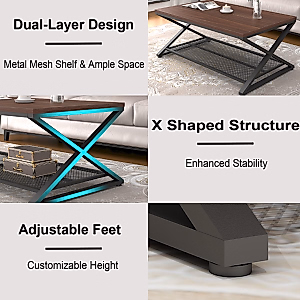 LVB Walnut Coffee Table with Storage, Metal Wood Rectangle Living Room Table, Industrial 2 Tier Center Table with Mesh Shelf, Vintage Wooden Middle Concrete Tables for Office Bedroom, 39 inch, Walnut