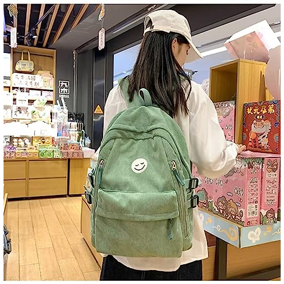 JHTPSLR Preppy Backpack Smiley Face Corduroy Backpack Cute Academia Aesthetic Backpack Autumn Corduroy Backpack Solid Book Bags (Sage Green)