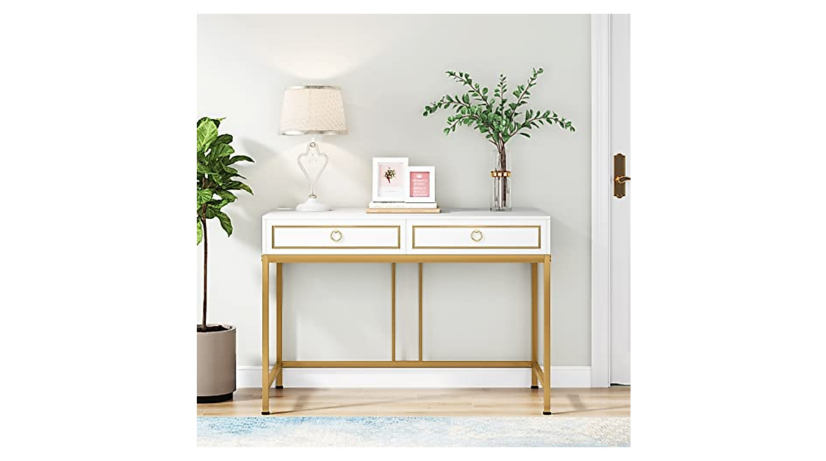 LITTLE TREE Drawers Computer Desk - Stylish White & Gold Workspace