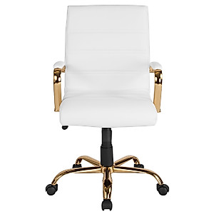 EMMA + OLIVER Mid-Back White LeatherSoft Executive Swivel Office Chair with Gold Frame/Arms