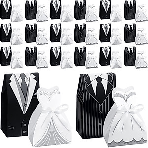 100 Pcs Wedding Party Favor Boxes Dress Tuxedo Candy Chocolate Gift Box Creative Vintage Wedding Treat Bags Bulk with Ribbon for Birthday Bridal Shower Guests Decoration Party Supplies (Classic Style)