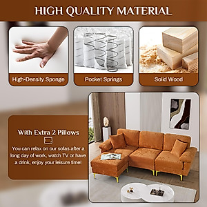 Wrofly L Shaped Sectional Sofa Couch, 88.5" Comfy Upholstered Velvet 3 Seat Sofa Set with Convertible Ottoman & 2 Pillows, Modern Deep Seat Cloud Couch for Living Room Office Apartment, Orange