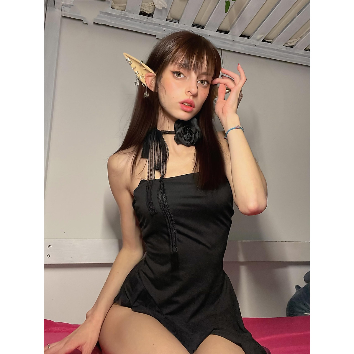 FRESHME Elf Ears with Cuff Earrings Set - Soft Pointed Elf Ears with Non-Pierced Silver Chain Butterfly Ear Clips for Women s Anime Party Christmas Renaissance Halloween Custome Cosplay Accessories Photo Props