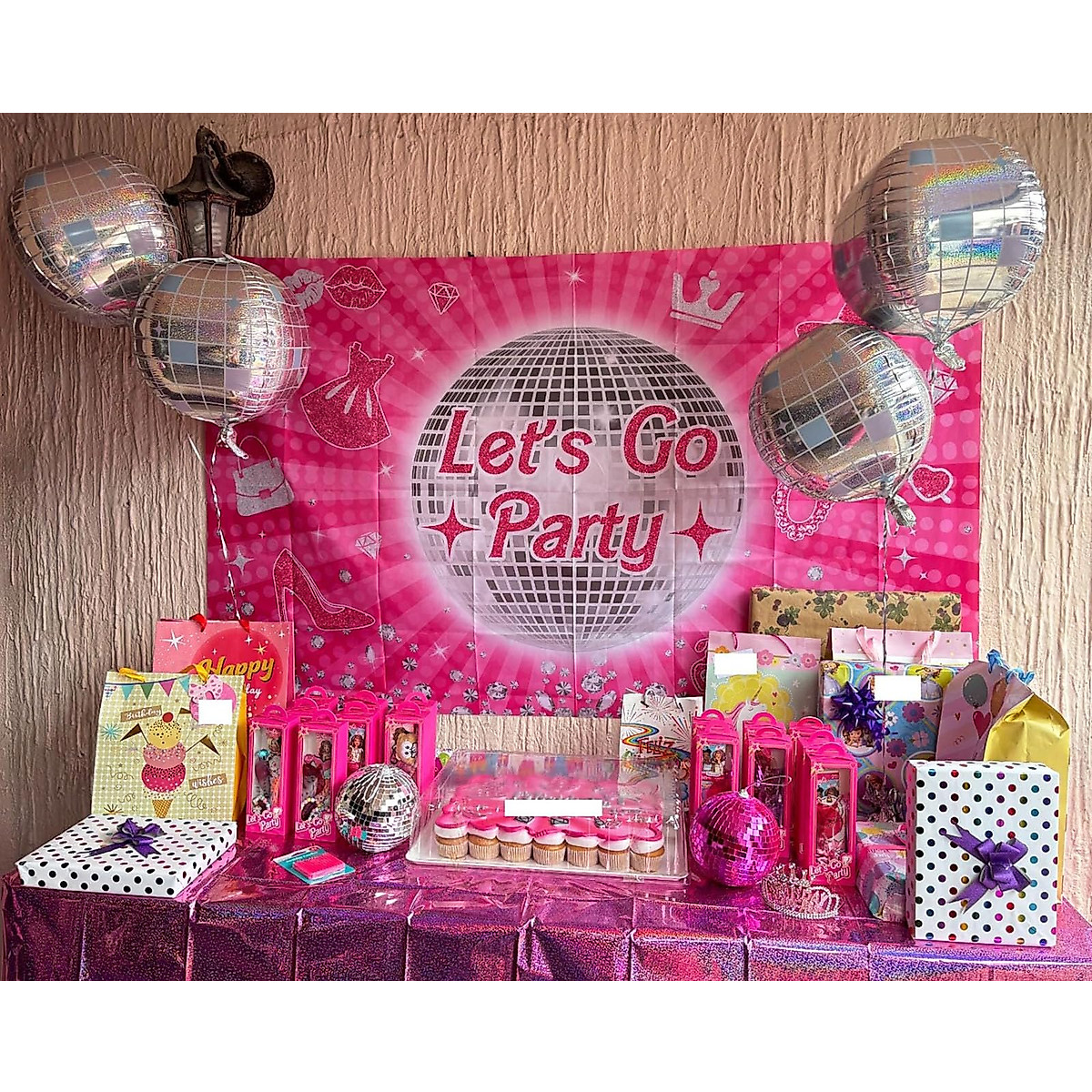 Avezano Let's Go Party Banner Princess Theme Birthday Backdrop Hot Pink Bridal Shower Bachelorette Background for Girls Women Disco Birthday Party Supplies Banner 70.8x43.3