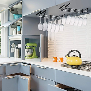 MOCOUM 4 Pack 15.6" Wine Glass Rack Under Cabinet Stemware Rack, Wine Glass Hangers Rack Wire Wine Glass Holder Storage Hanger Hold Up To 10 Wine Glasses for Cabinet Kitchen Bar (Black, 4 pack)