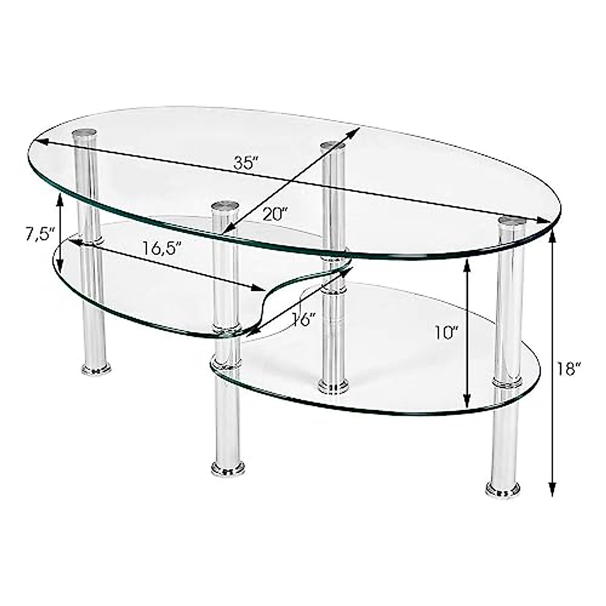 Glass Coffee Table, 3-Tier Oval-Shaped Glass Tea Table Modern Smooth Tea Table w/Spacious Glass Desk-Top Boards & Sturdy Chrome Plated Legs Home Office Reception