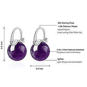 OwMell Elegant Gemstone Drop Dangle 925 Sterling Silver Earrings for Women 12mm - Silver with Amethyst