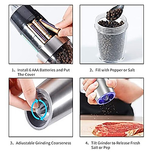 Electric Gravity Pepper Grinder set of 2, Automatic Salt and Pepper Mill Grinder, Adjustable Roughness, Battery Powered, Blue LED Light, Stainless Steel with One Hand Operation (Sliver 2 pack)