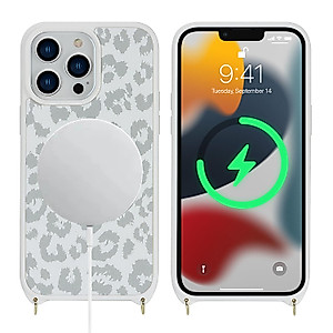 Cavor for iPhone 13 Pro Max Case,Compatible with Magsafe for Women,Crossbody Cases for iPhone 13 Pro Max with Strap Wireless Charging,Leopard Grain Full Body Shockproof Protective Case,White