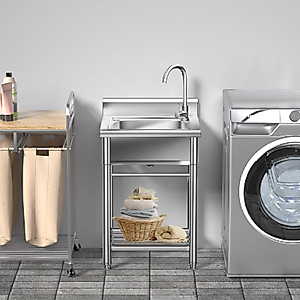 Utility Sink, Stainless Steel Sink, Single Bowl Freestanding Sink Kitchen Sinks with Hot & Cold Hoses Outdoor Sink for Laundry Garden Garage Commercial Restaurant