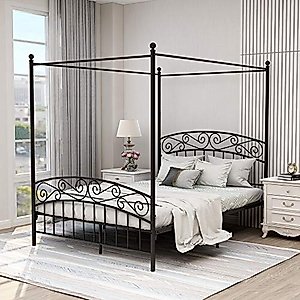 Zoophyter Metal Canopy Queen Size Bed Frame with Headboard Heavy Duty Steel Slat Support No Box Spring Needed Easy Assemble Black