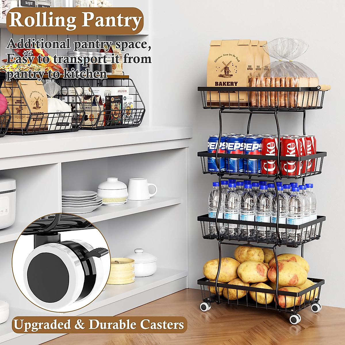 OKZEST Fruit Basket, 4-Tier Small Kitchen Organizer and Storage Cart on Wheels, Rolling Pantry Snack Cart with Handle for Storing Fruit, Potato, Onion, Snacks, Vegetables, Bread, Produce