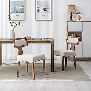 Wahson Set of 4 Farmhouse Kitchen & Dining Room Chairs with Metal Nailhead Trim, Retro Linen Upholstered Dining Chair with Natural Hardwood Legs, Beige