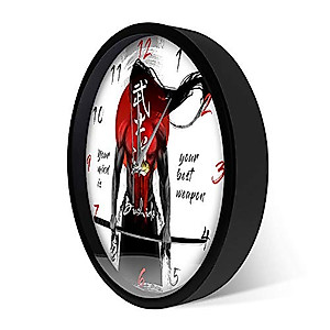 The Geeky Days Samurai with Katana Sword Japanese Calligraphy Bushido Silent Quartz Wall Clock Martial Arts Man Cave Metal Frame Watch Home Decor Japan Mens Gift