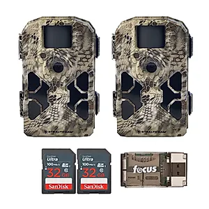 Stealth Cam 2020 G42NG 24MP Trail Cameras (2-Pack) and Memory Cards Bundle. No-Glow Flash, 100-Ft. IR Range, Kryptek Camo, HD Video (5 Items)