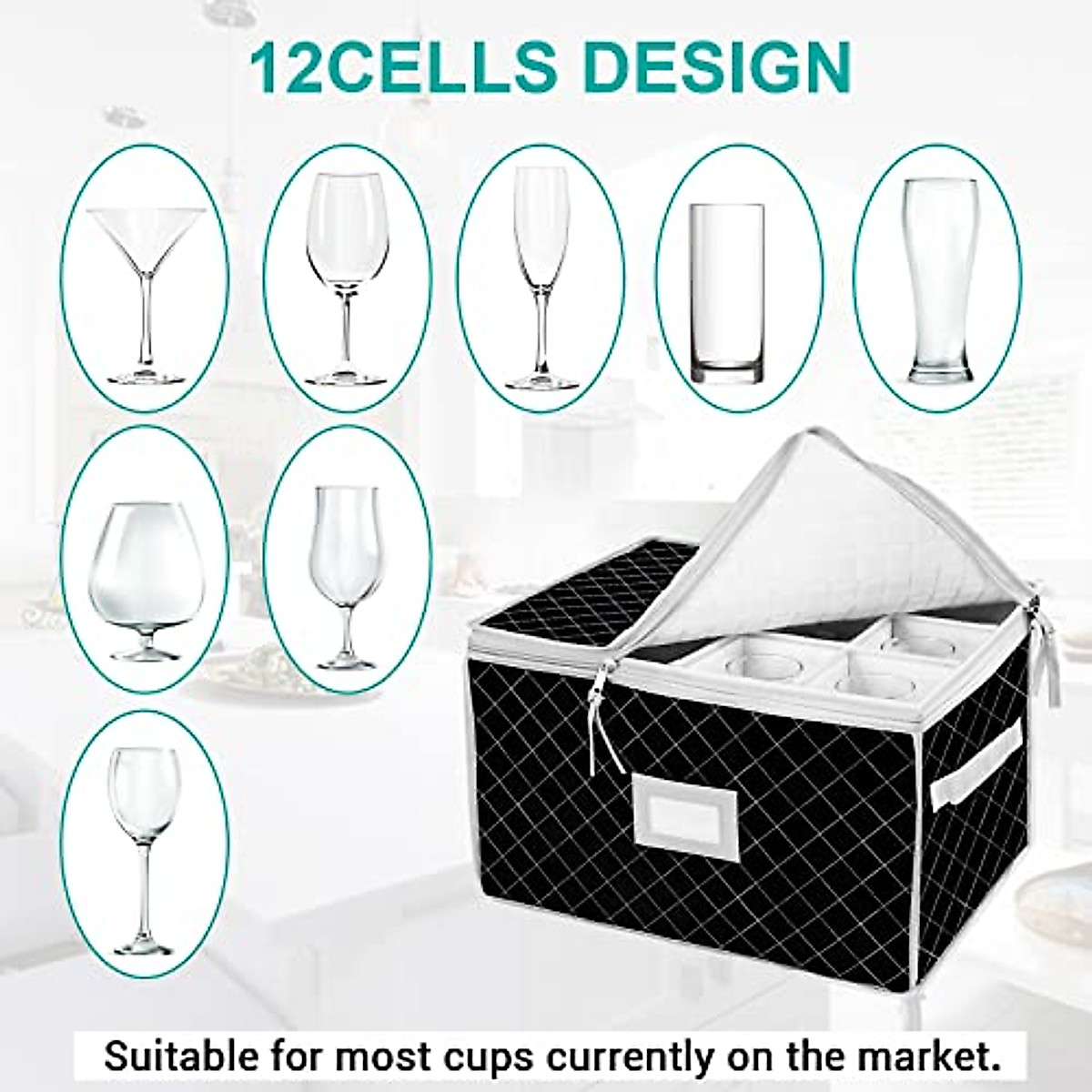 VERONLY China Storage Containers - Stemware Storage Cases for 12 Wine Champagne Glasses - 2 Pack Crystal Glassware Protector Packing Boxes with Dividers and 2 Handles for Moving (Black)