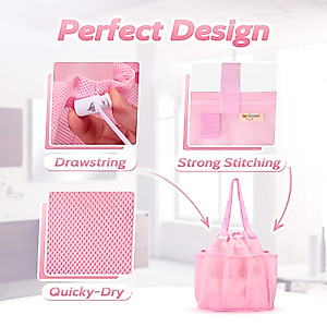 famichan Mesh Shower Caddy Portable with Drawstring, Dorm Room Essentials for College Students Girls, Large Shower Bag for Camping,Swimming,Gym,Travel,Bathroom - Pink
