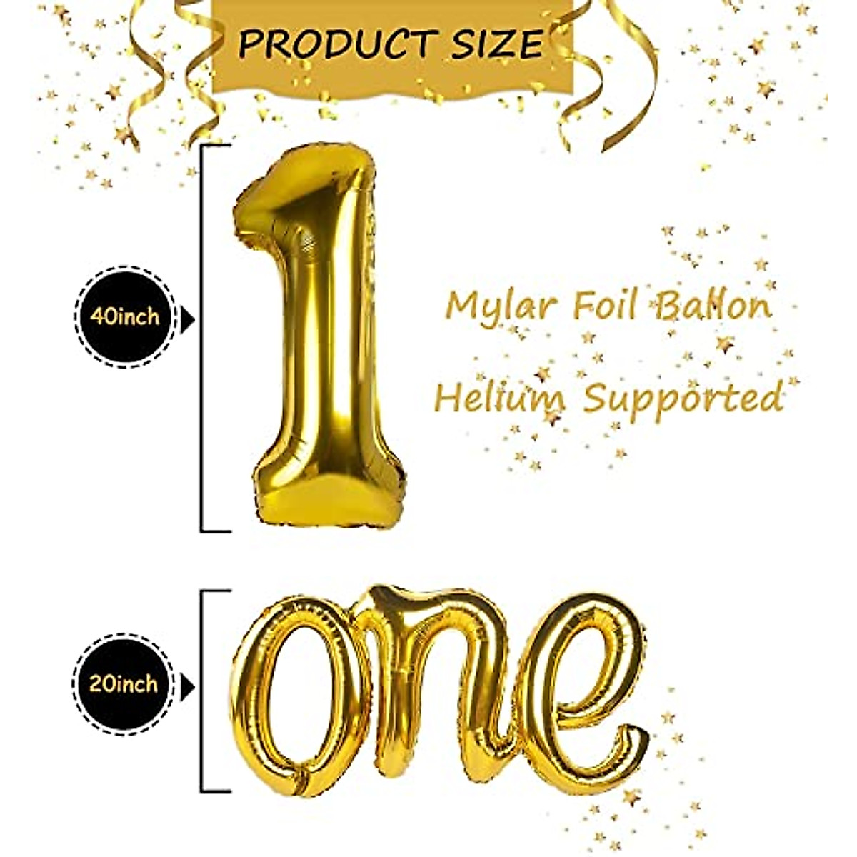 ECam Large - Gold One Balloon for First Birthday, 40 Inch Number 1 Balloon, Gold 1st Birthday Balloons, Confetti Balloons, Gold 1 Balloon 1st Birthday Decorations for Boys, 1 Year Old Balloon