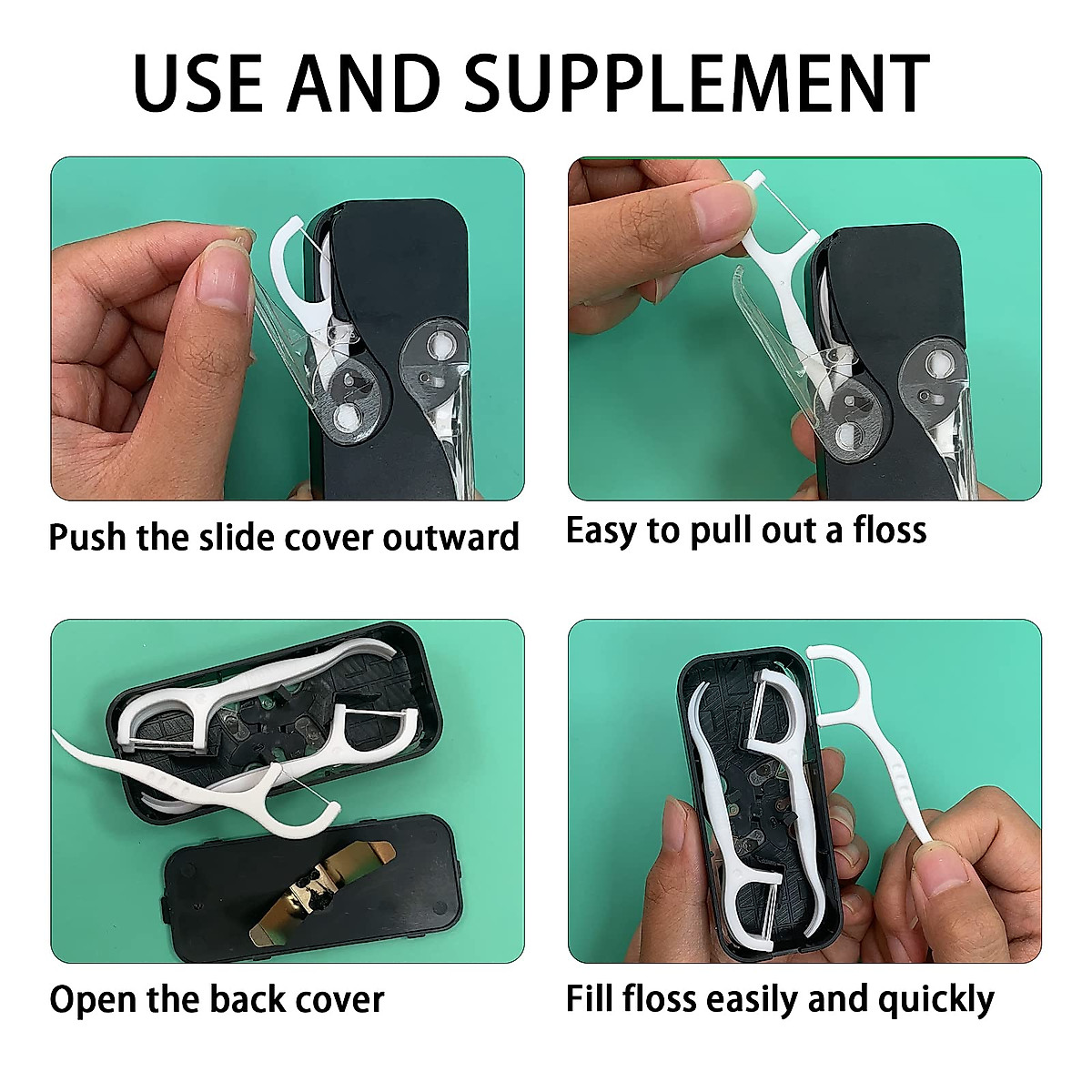 Dental Floss Portable Floss Dispenser Floss Box Dental Floss Picks Dispenser Floss Pick Holder Automatic Floss Organizer Travel Floss for Women Men Teeth Cleaning(Black+Black)