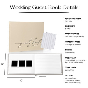 Wedding Guest Book With Personalized 2024 Year - Linen Photo Guestbook to Sign at Reception Party - Includes Clear Photo Corners Self Adhesive - 100 Pages Blank and Lined Thick Paper Guest Books
