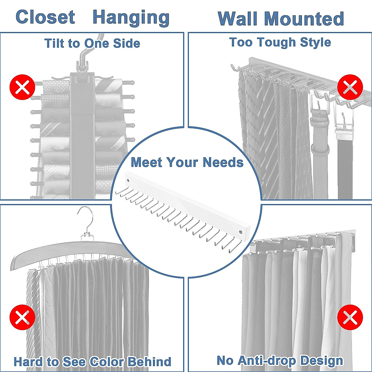 Tie Rack Wall Mounted Belt Hanger, 360° Rotating Tie Hanger Belt Organizer 20 Storage Hooks for Belt, Ties, Purse, Scarves, Tank Top, Hats, Medals