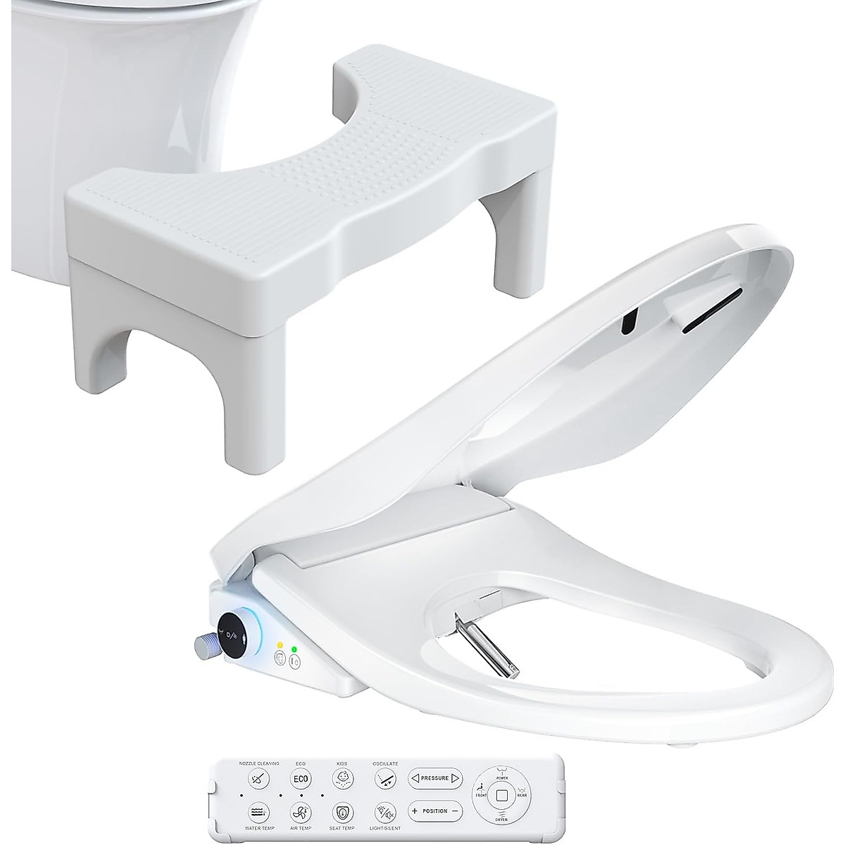 SmartWhale Electric Heated Bidet Toilet Seat Elongated with SmartWhale Toilet Stool Poop Stool