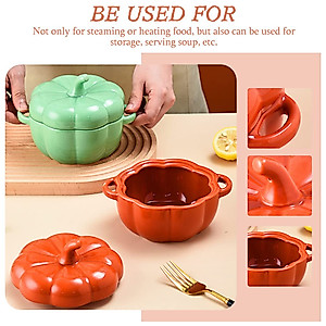 Zerodeko Ceramic Pumpkin Bowl with Lid, 420ml Halloween Bowl with Handle, Soup Bowl Candy Cookie Jar Stewing Bowl Salad Dish Pumpkin Decoration for Halloween Thanksgiving (Orange)