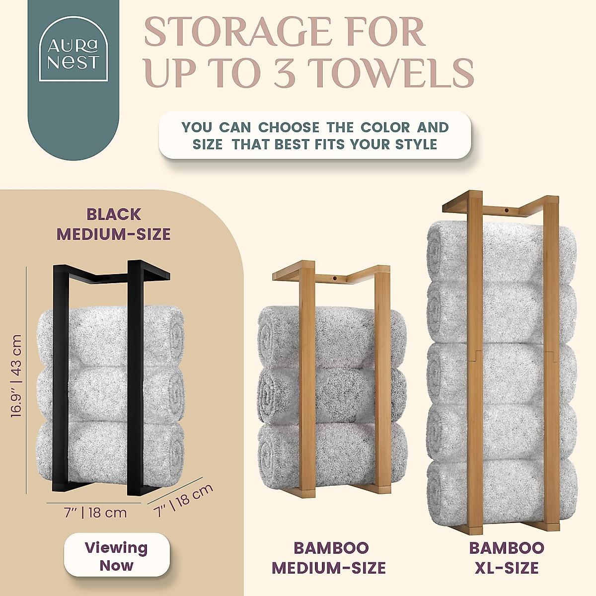 Wall Towel Rack for Rolled Towels, Bamboo Wooden Towel Racks for Bathroom Modern Wooden Towel Holder Vertical Bamboo Towel Rack Convenient Wooden Rack Guest Bath Spa Blanket Gym Mat (Black, Medium)