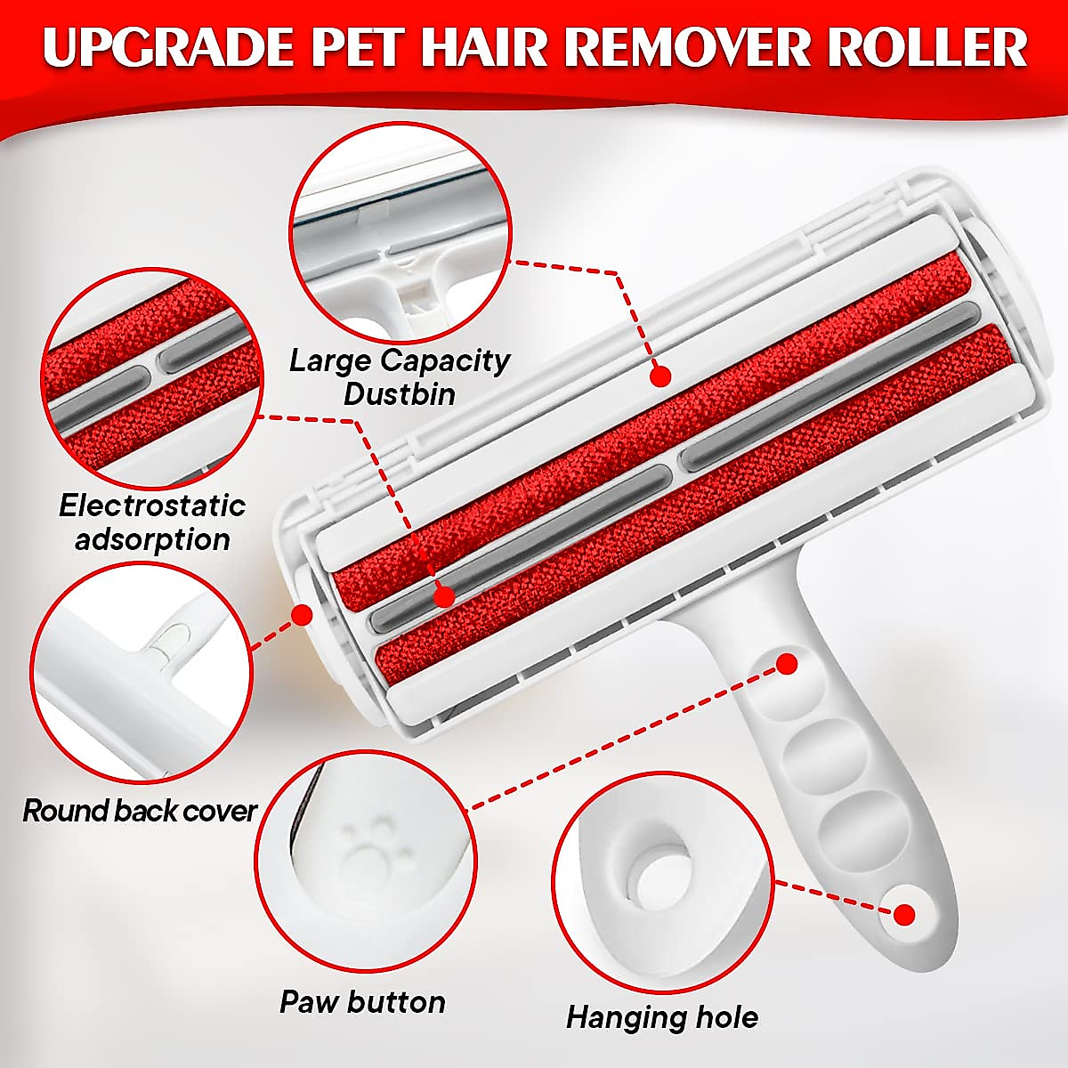 WOOTONG Pet Hair Remover Roller - Efficient Animal Hair Removal Tool for Cat & Dog Hair, Self-Cleaning Base, Red Color, Plastic, Manual, 1 Count (Reda)