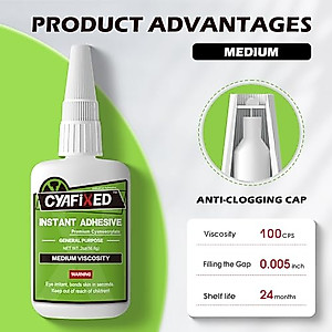 CYAFIXED Strong Cyanoacrylate (CA) Super Glue, All-Purpose Medium Viscosity Instant Adhesive, 1 oz. (28.3 Grams) - CA Glue for General Home Repair, Ceramics, Plastics, Metal, Wood