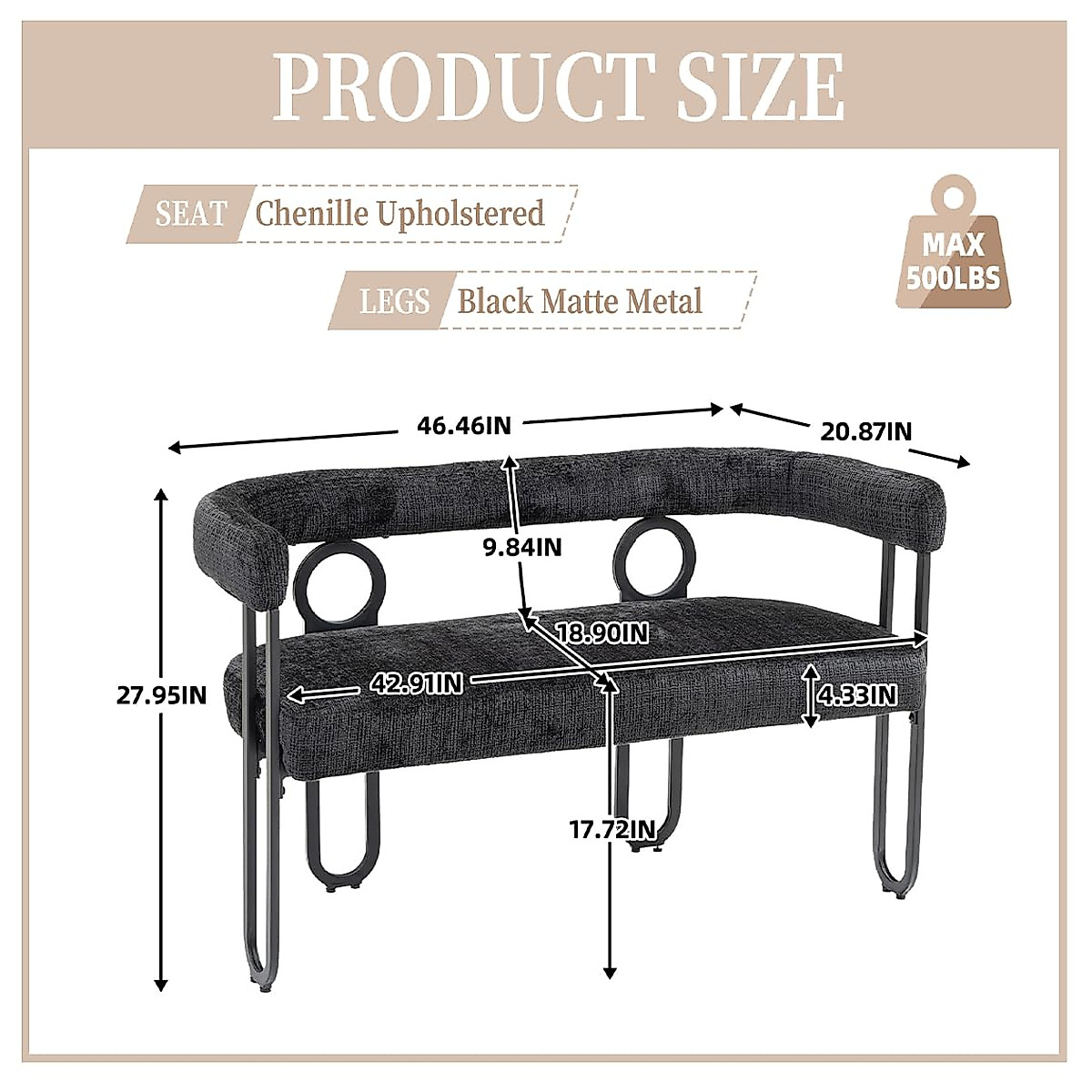 Lin-Utrend Small Loveseat Sofa, Comfy, Chenille Fabric Sofa with Metal Legs,Upholstered Love Seat Chairs for Living Room Dining Kitchen Office Studio (Black, Loveseat)