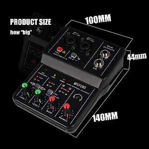 Mini 2 channel audio DJ mixer console interface with 48V phantom power Combo Jack Microphone/Guitar XLR+6.35mm, 3.5mm Stereo in, Headphone Jack for studio live show,party recording