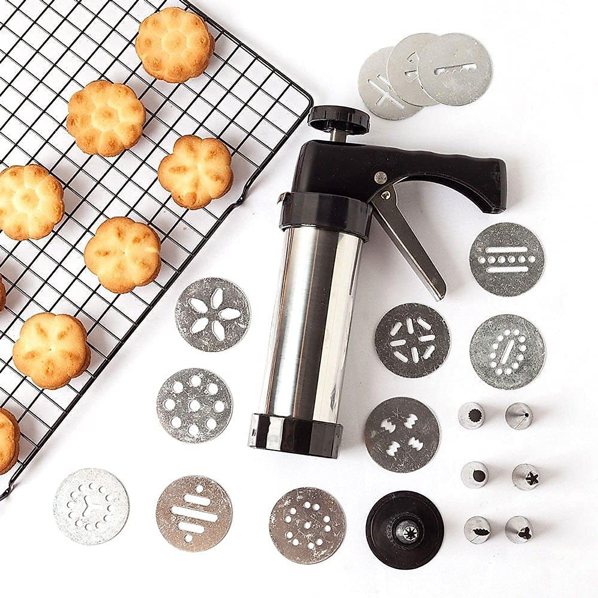 Cookie Press Cookie Press Gun Kit Stainless Steel Cookie Press Gun 13 Cookie Mold Discs 8 Piping Nozzles Cookie Press Christmas Party Fest Decoration DIY Biscuits Cake Decorating Icing Tool