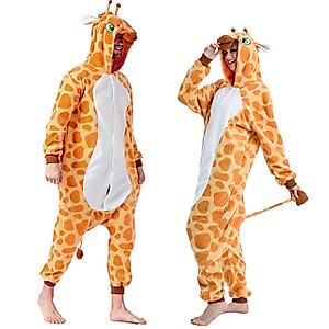 Spooktacular Creations Unisex Adult Giraffe Jumpsuit Pajama Plush Giraffe Costume with Hat and Tail for Dress Up Party Role Playing Themed Parties Halloween Costume (Medium) Yellow