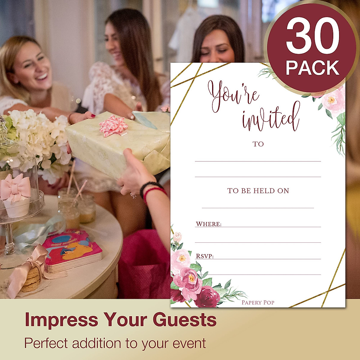 30 Invitations with Envelopes - Any Occasion - Bridal Shower, Wedding, Birthday, Graduation Party - Rose Gold