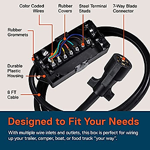 True Mods 8ft 7-Way Trailer Plug Wiring Harness w/ 7 Gang Trailer Junction Box [7-Pin Trailer Cord Wire Cable] [Waterproof] 7 Prong Trailer Wire/Cable Connection Box