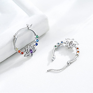 Rainbow Chakra Earrings Sterling Silver Lotus Flower Earrings Rainbow Hoop Earrings Colorful Earrings Chakra Jewlery for Women Christmas Jewelry Gifts