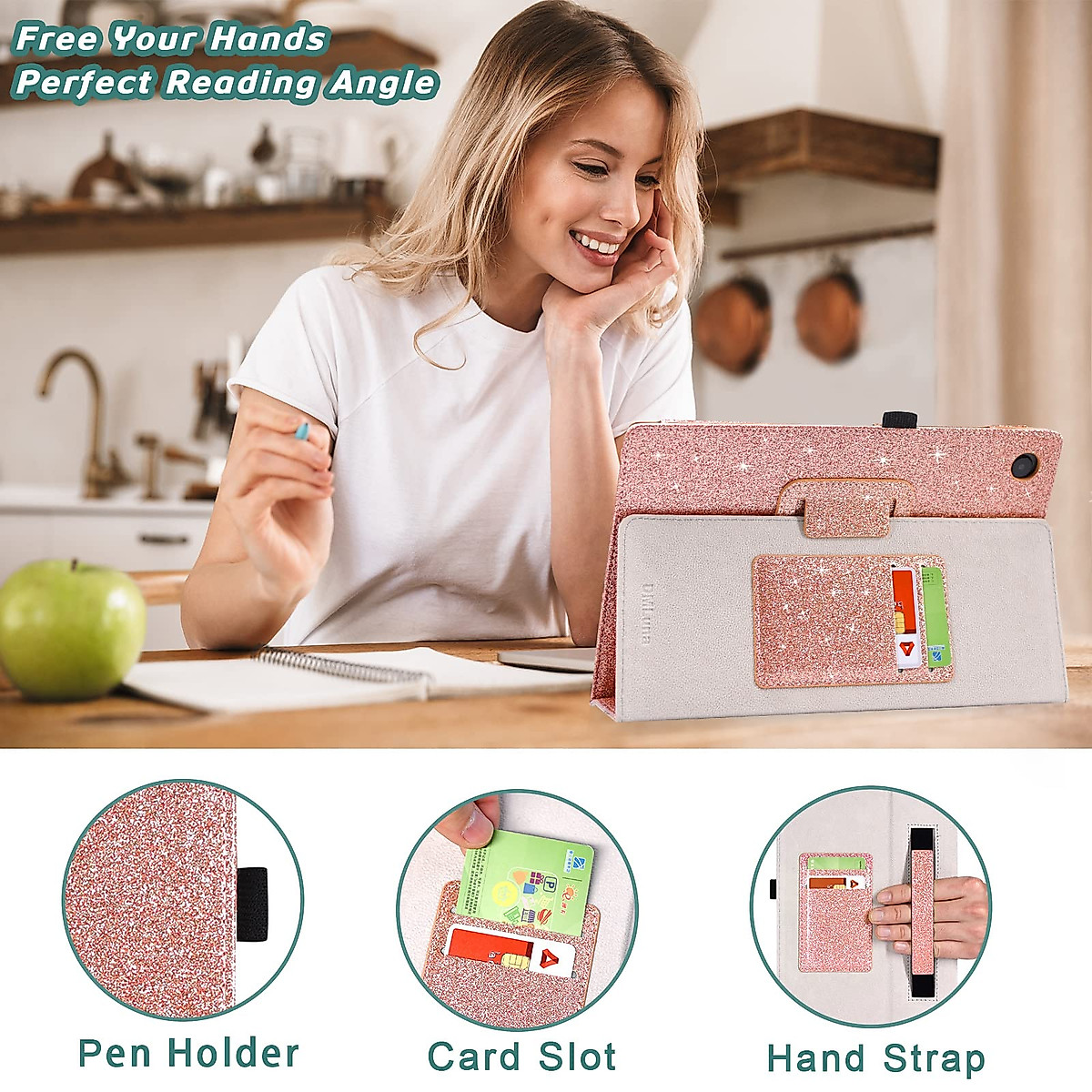 DMLuna Case for Samsung Galaxy Tab A8 10.5 Inch 2022 SM-X200/X205/X207, Slim PU Leather Smart Protective Cover Folio, with Folding Stand, Auto Wake/Sleep, Hand Strap, Card Slots, Glitter Rose