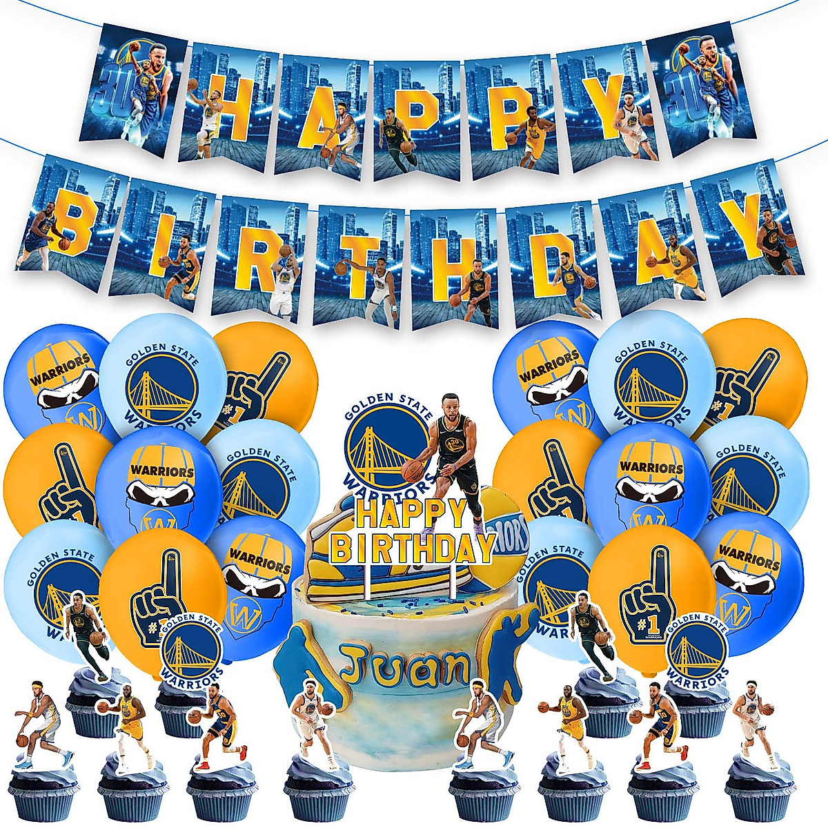 Golden State Warriors Birthday Party Decorations Stephen Curry Birthday Party Supplies Basketball Sports Birthday Party Favors includes Banner Balloons Cupcakes Cake Topper for Boys Girls Kids