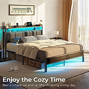 Rolanstar Bed Frame Queen Size with Charging Station and LED Lights, Upholstered Headboard with Storage Shelves, Heavy Duty Metal Slats, No Box Spring Needed, Noise Free, Easy Assembly, Dark Grey