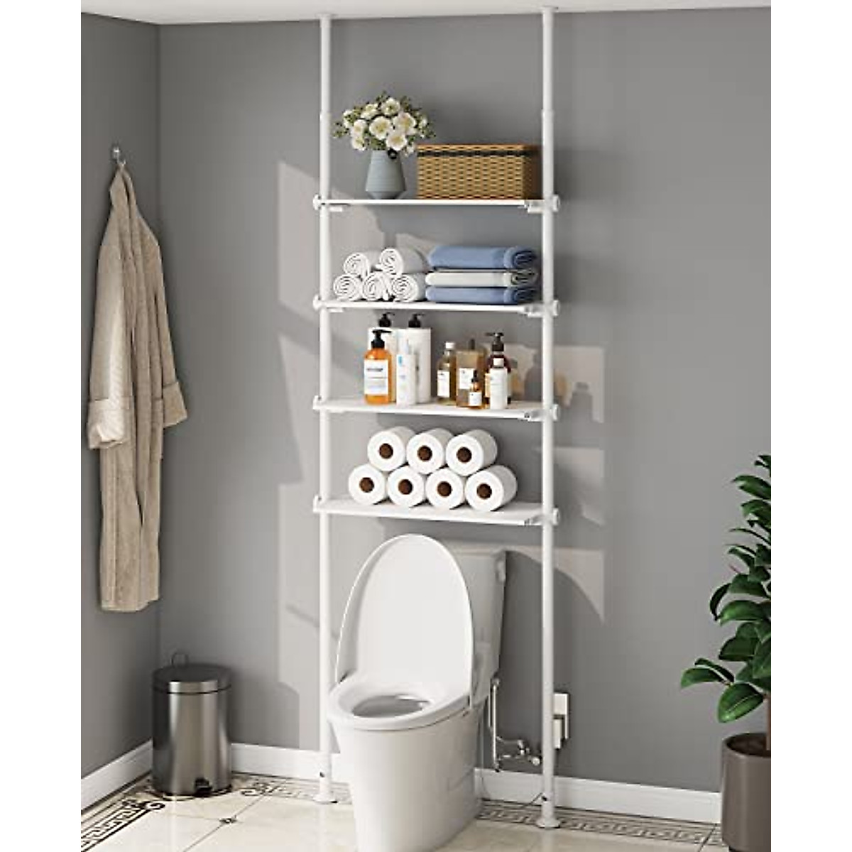 ALLZONE Over The Toilet Storage Cabinet, 4-Tier Over Toilet Bathroom Organizer, Adjustable Bathroom Shelves Over Toilet, Fit Most Showers on Above Toilet Storage, 93 to 116 Inch, Metal Shelves,White