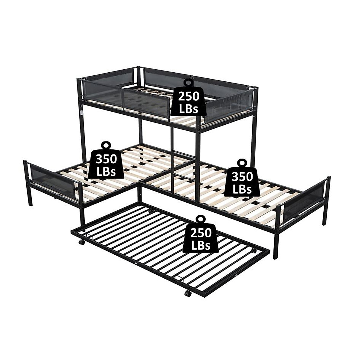 L-Shape Triple Bunk Bed with Trundle, Metal 3 Bed Bunk Beds with for Kids, Twin Size Corner Bunk Bed Frame with Wood Slats Support for 4 Teens, Textilene Guardrails, Black