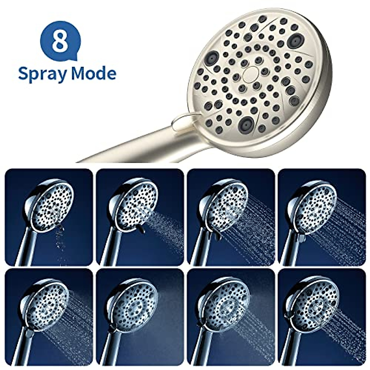 Vantency Brushed Nickel 8 Function Handheld Shower Head with 71 Inches Shower Hose, Modern Style, Easy Installation