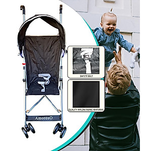 AmorosO Single Umbrella Stroller for Toddler, Travel Stroller for Babies - Sunlight and Light Rain Protection - Baby Stroller with Four EVA Wheels - Travel-Ready Stroller - Round Canopy (Black/White)