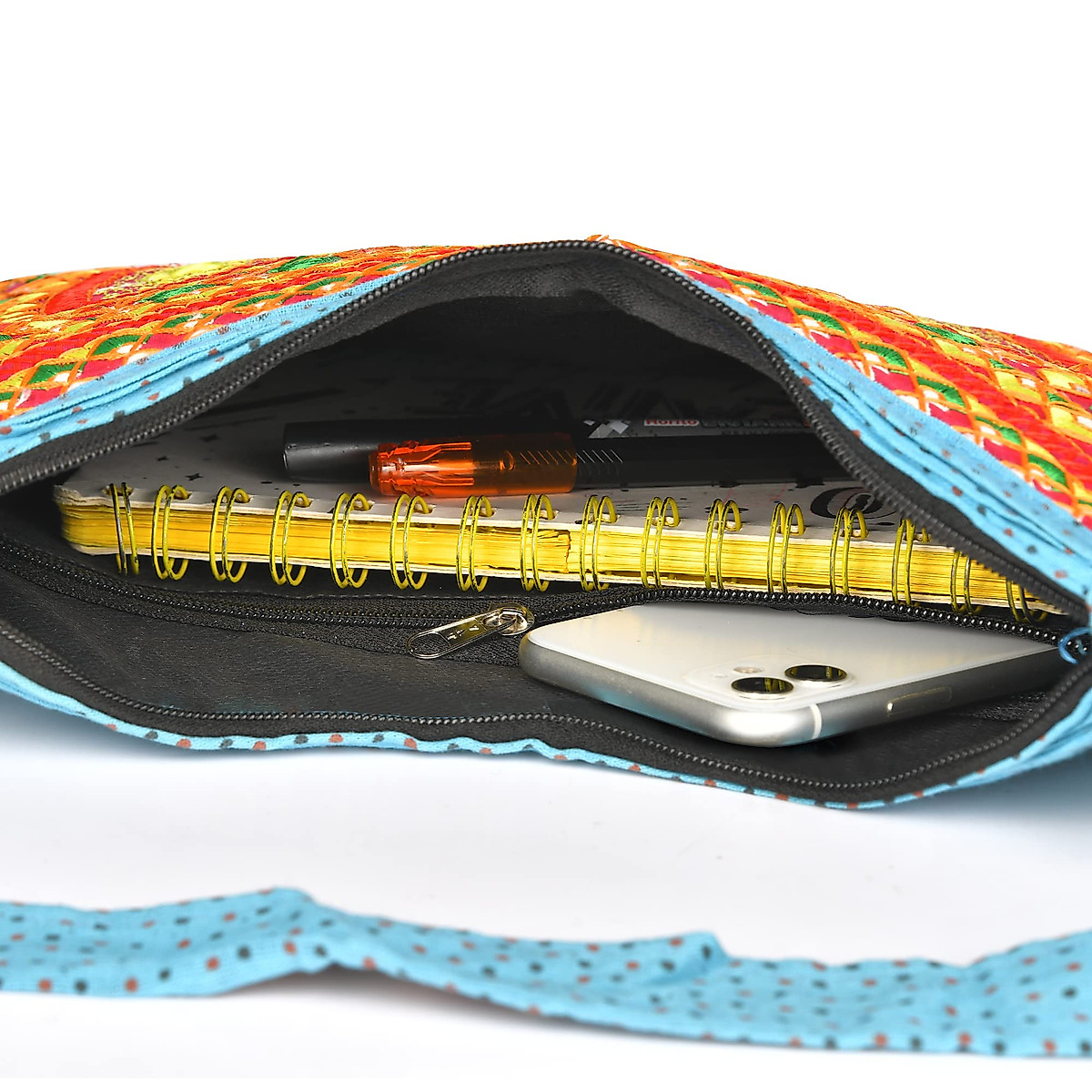 North Creed Crossbody Elephant Flora Embroidery Shoulder Bag, Indian Ethnic Travel Handbag with Zipper Pocket- Blue