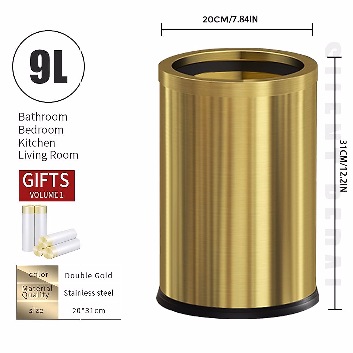 YOJIA 2.4 Gallon Elegant Round Trash Can,Open Top Waste Basket,Removable,Brushed Stainless Steel,12.8" H,Large Capacity Garbage Can,for Bathroom,Living Room,Bedroom,Cafe,Office,Buseniss (110XW Gold)